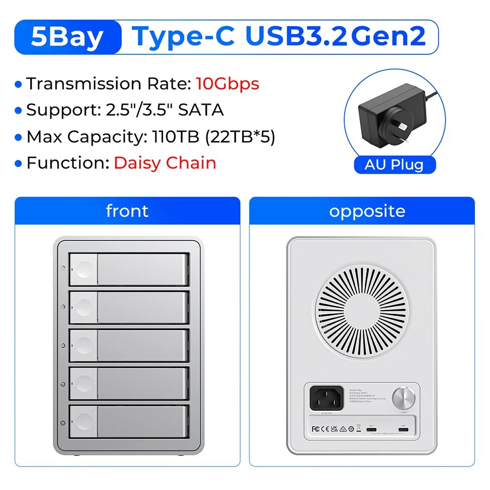 Орисовочное подставка для HDD SATA 10Gbps 4/5仓位, корпус для SSD, внешний корпус для жестких дисков 2.5"3.5", USB 3.2 Type C, HD House Daisy Chain