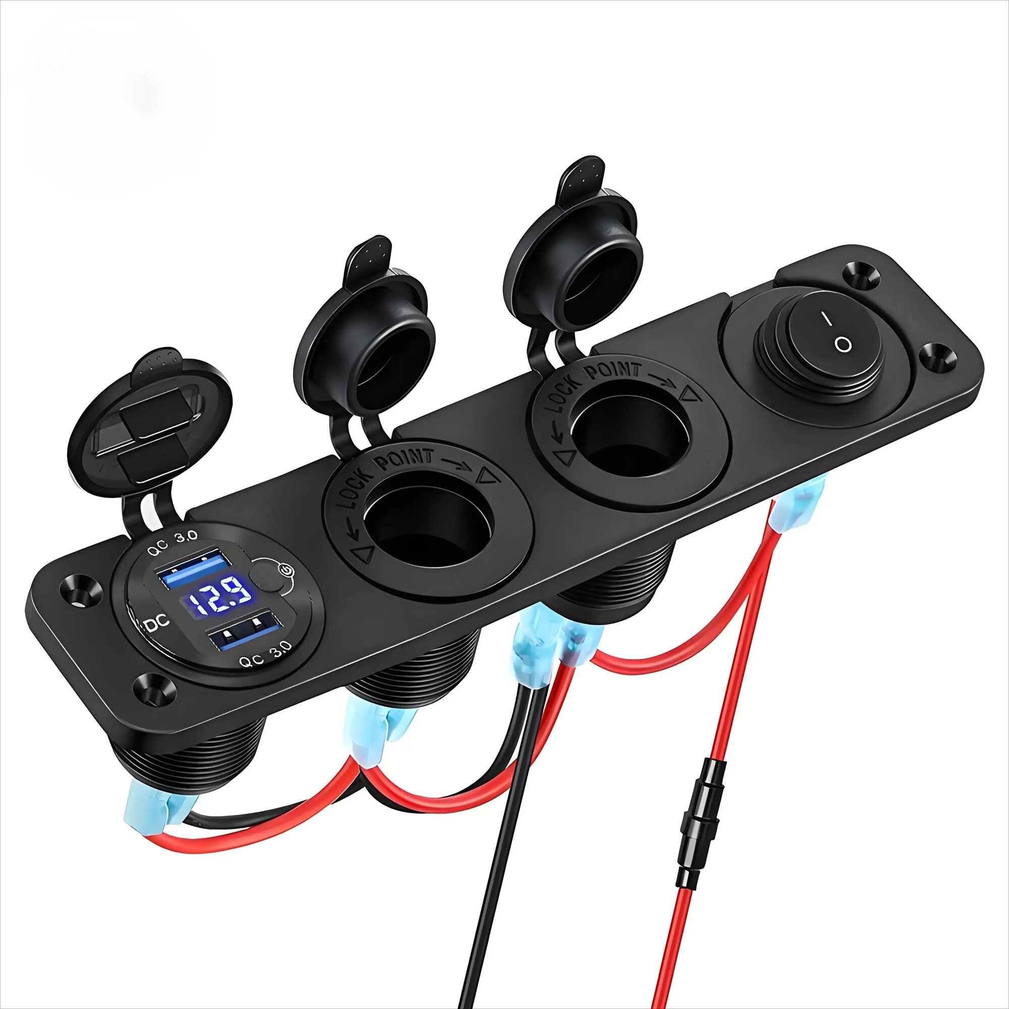 12 В USB-розетка прикуривателя, панель, розетка, двойной порт QC3.0, 18 Вт, с вольтметром и кулисным тумблером, водонепроницаемый