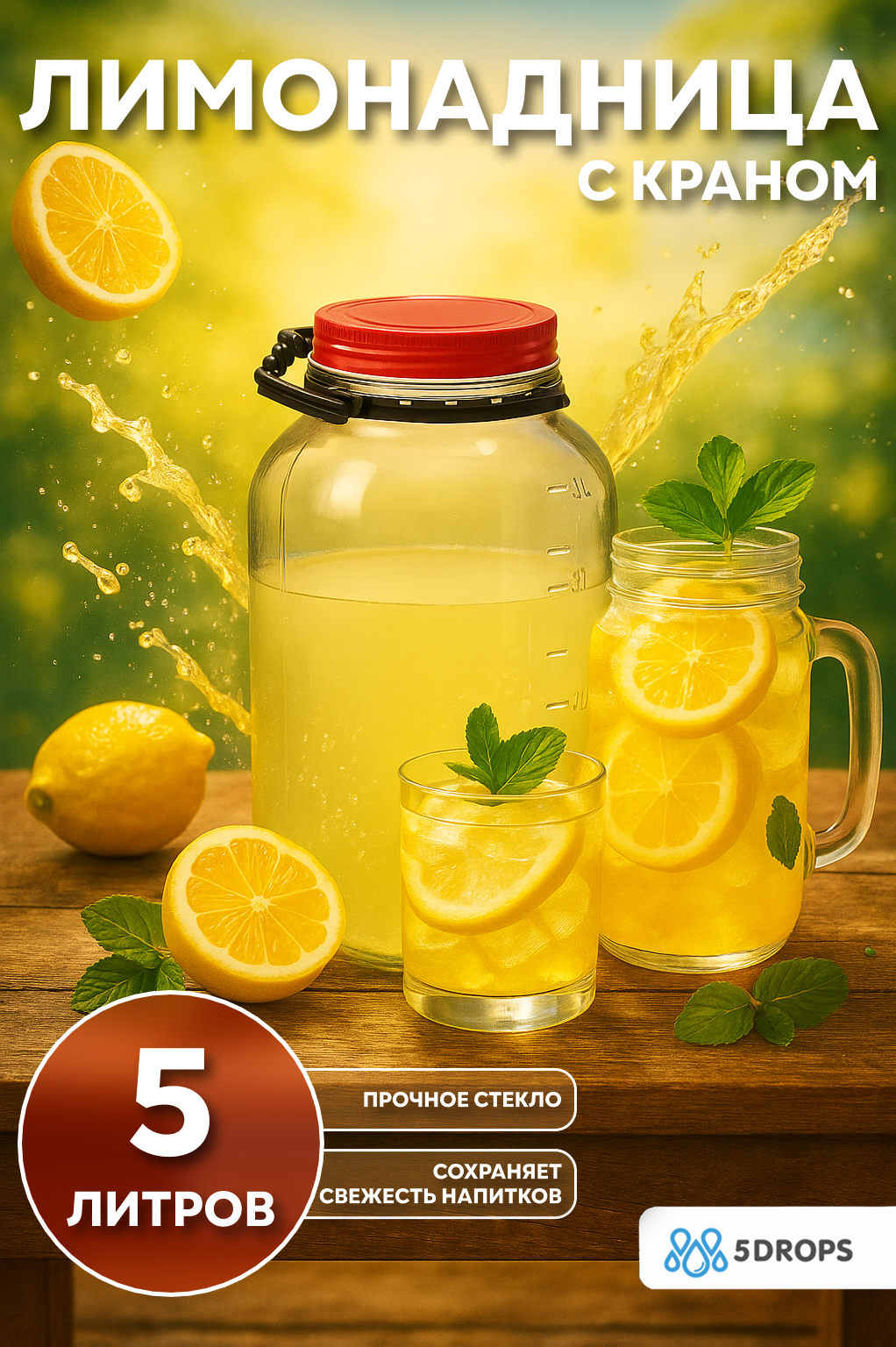 Лимонадница-диспенсер "Бидон", 5 литров, градуированный, с краном