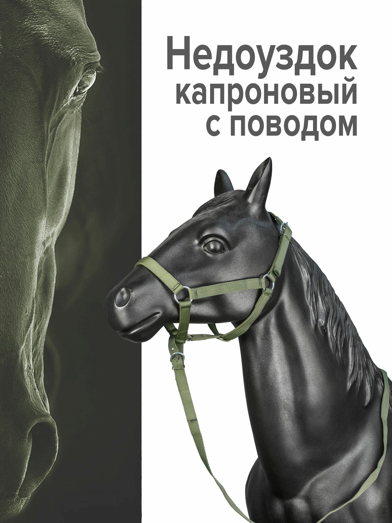 Недоуздок Reiter, для управления лошадью, двойной, капроновый, с поводом, цвет хаки