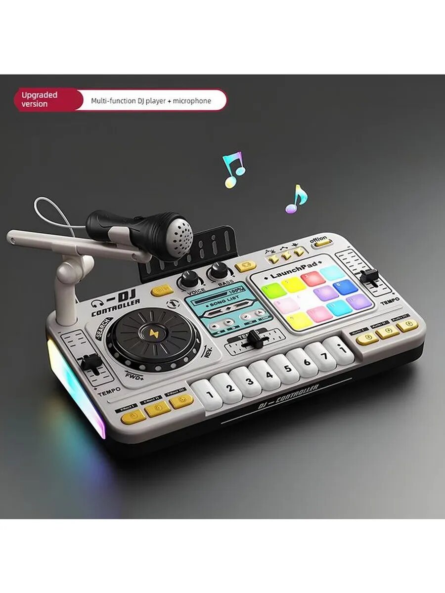Белый DJ микшер с микрофоном (USB, запись, 100+ функций)