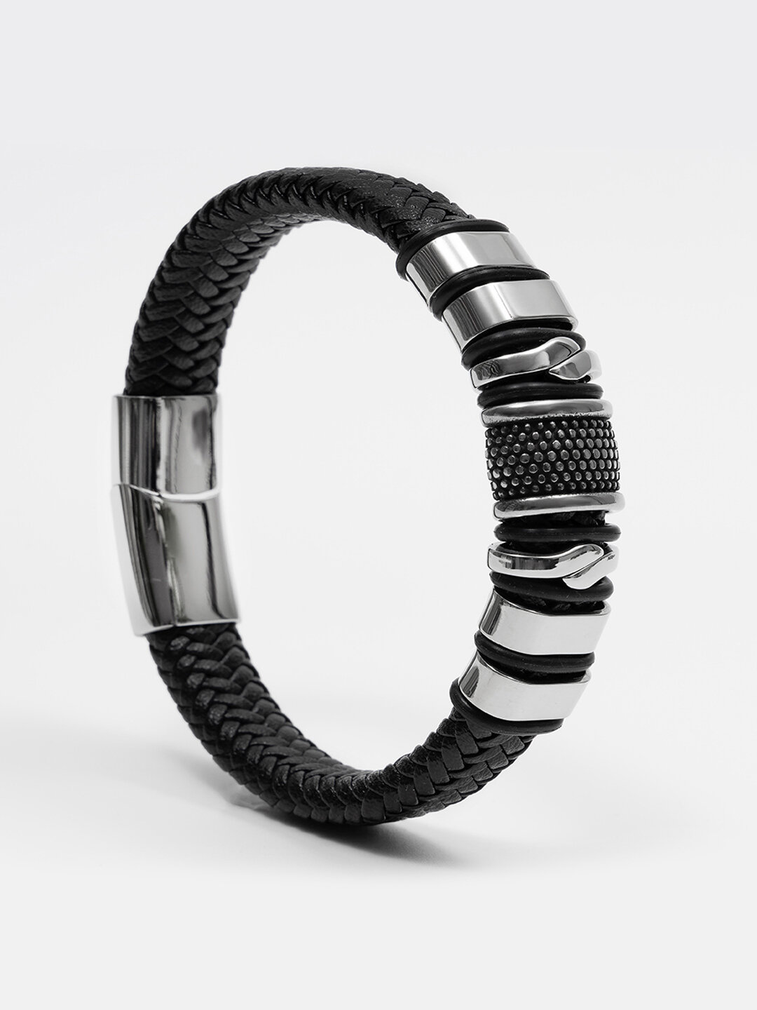 Плетеный браслет, кожа, металл