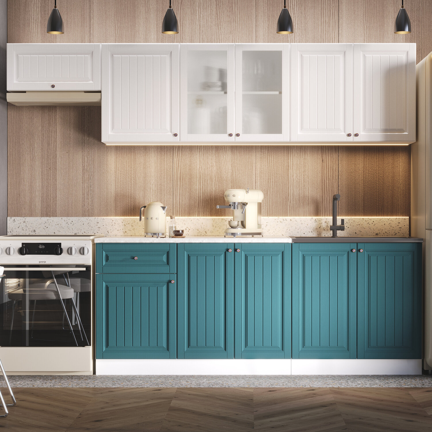 Кухонный гарнитур, готовый комплект Хозяюшка 2.6 метра Акация белая/Моренга