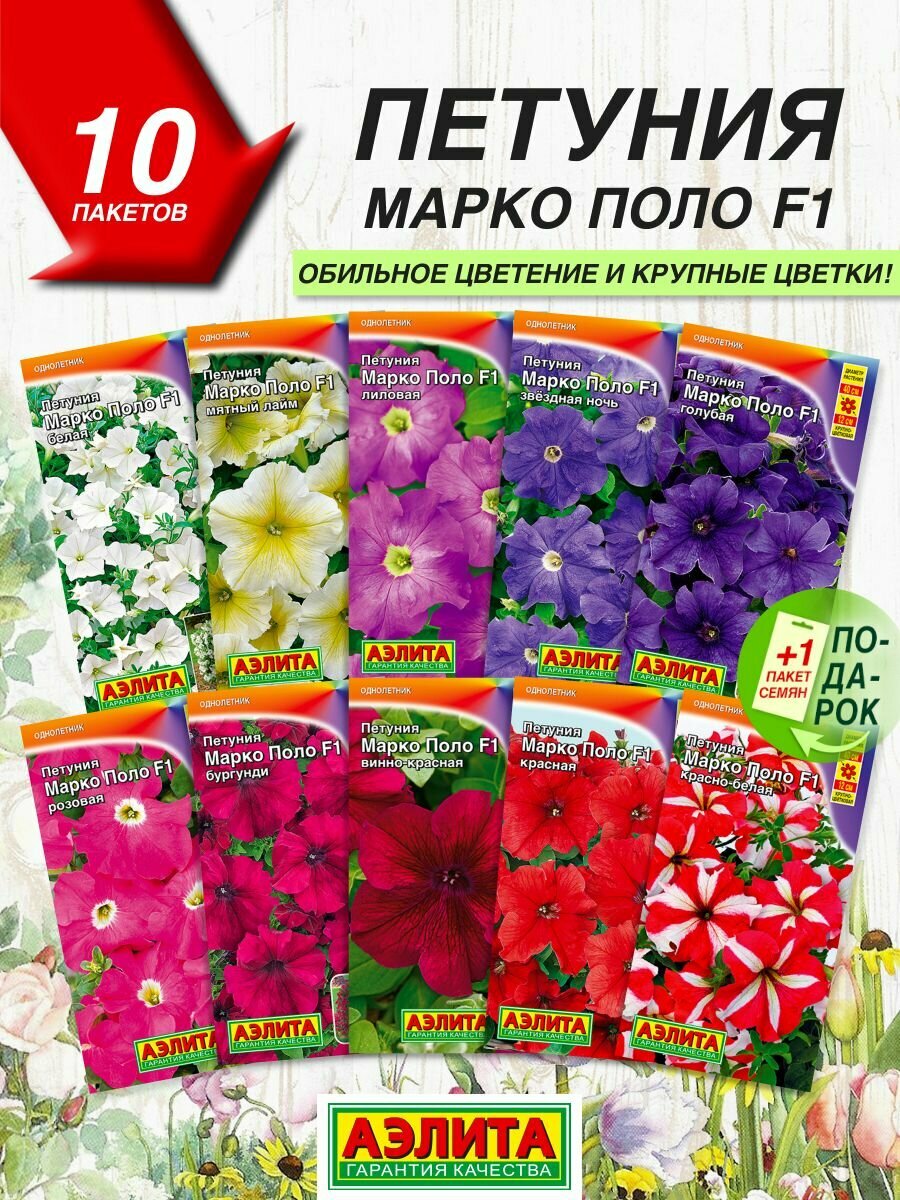 Семена цветов Аэлита Петуния Марко Поло F1 10 сортов / Семена Петунии