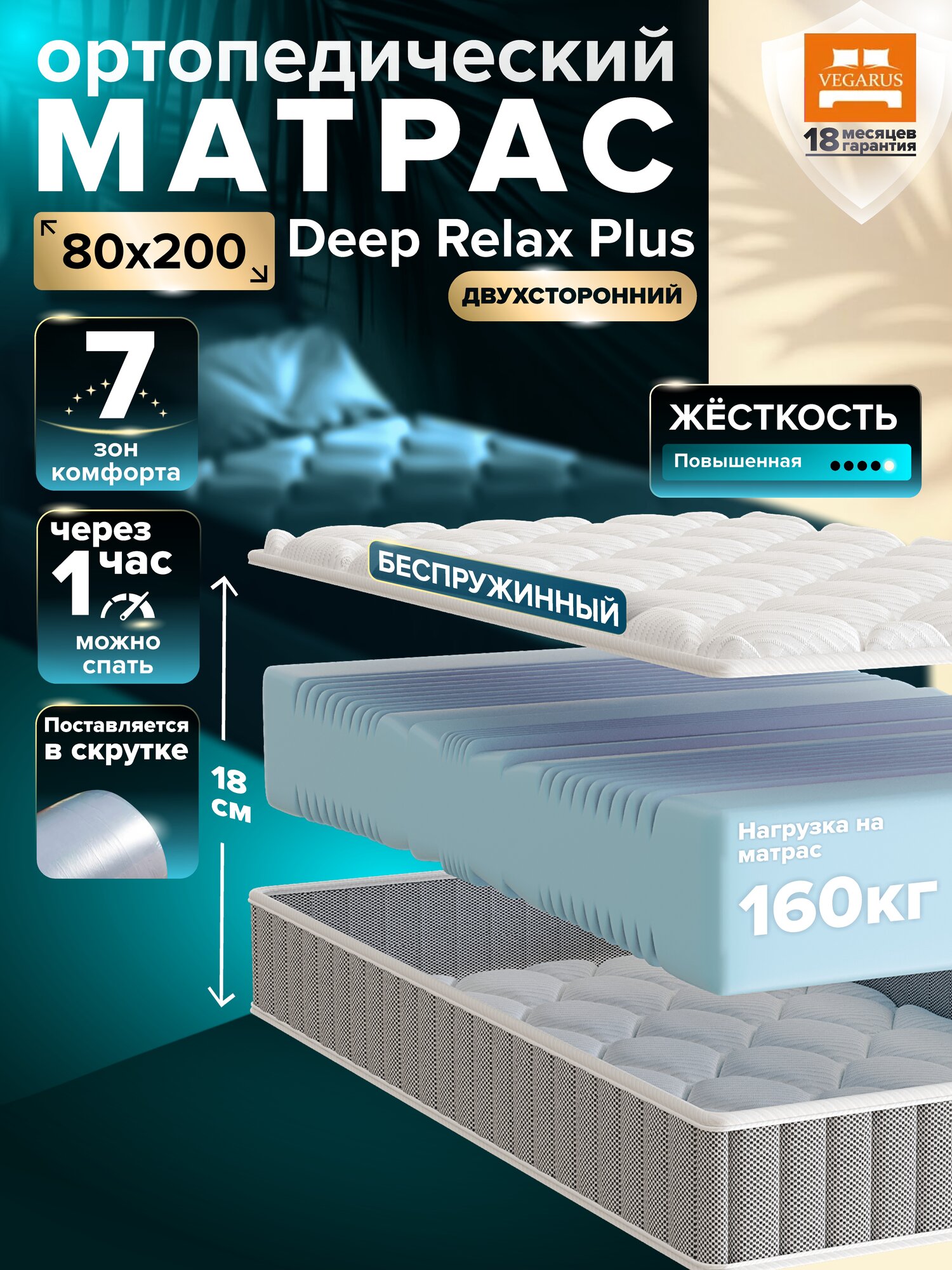 Матрас 80×200 на кровать, беспружинный, ортопедический, Deep Relax Plus