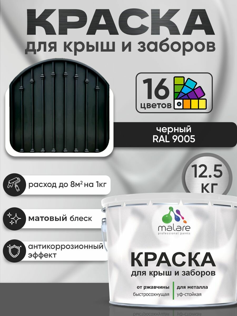 Краска по металлу Malare для крыш и заборов по ржавчине, для наружных работ, быстросохнущая износостойкая RAL 9005 черный, матовая, 12,5 кг