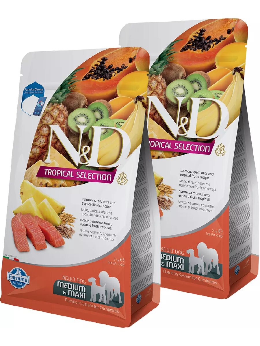 Корм сухой Farmina Dog N&D Tropical Selection Adult Medium & Maxi Salmon для средних и крупных собак лосось, 2 кг х 2 шт