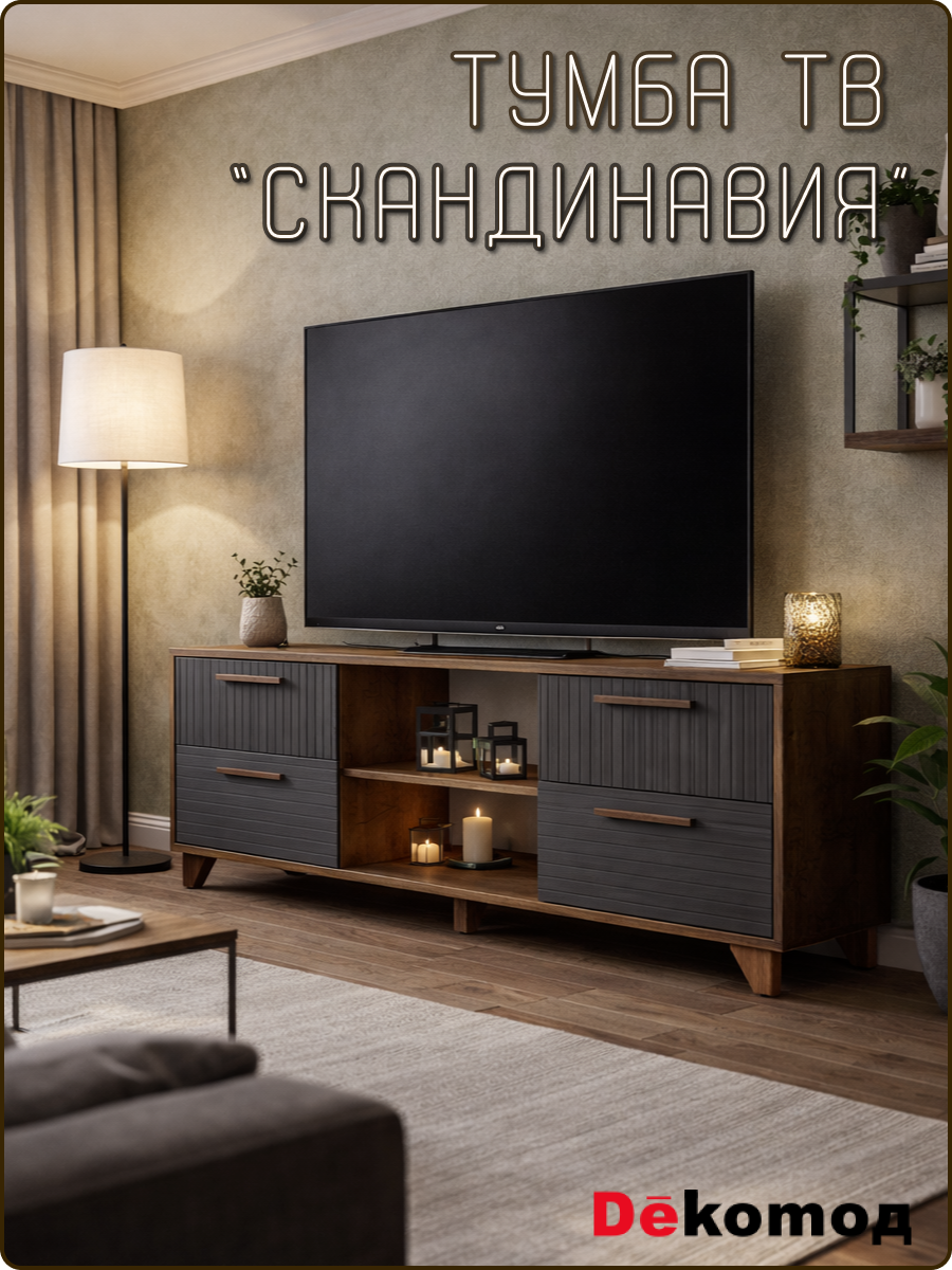 Тумба под телевизор Скандинавия с выдвижными ящиками и полками напольная, корпусная для ТВ из ЛДСП и МДФ, 1500х500х40мм