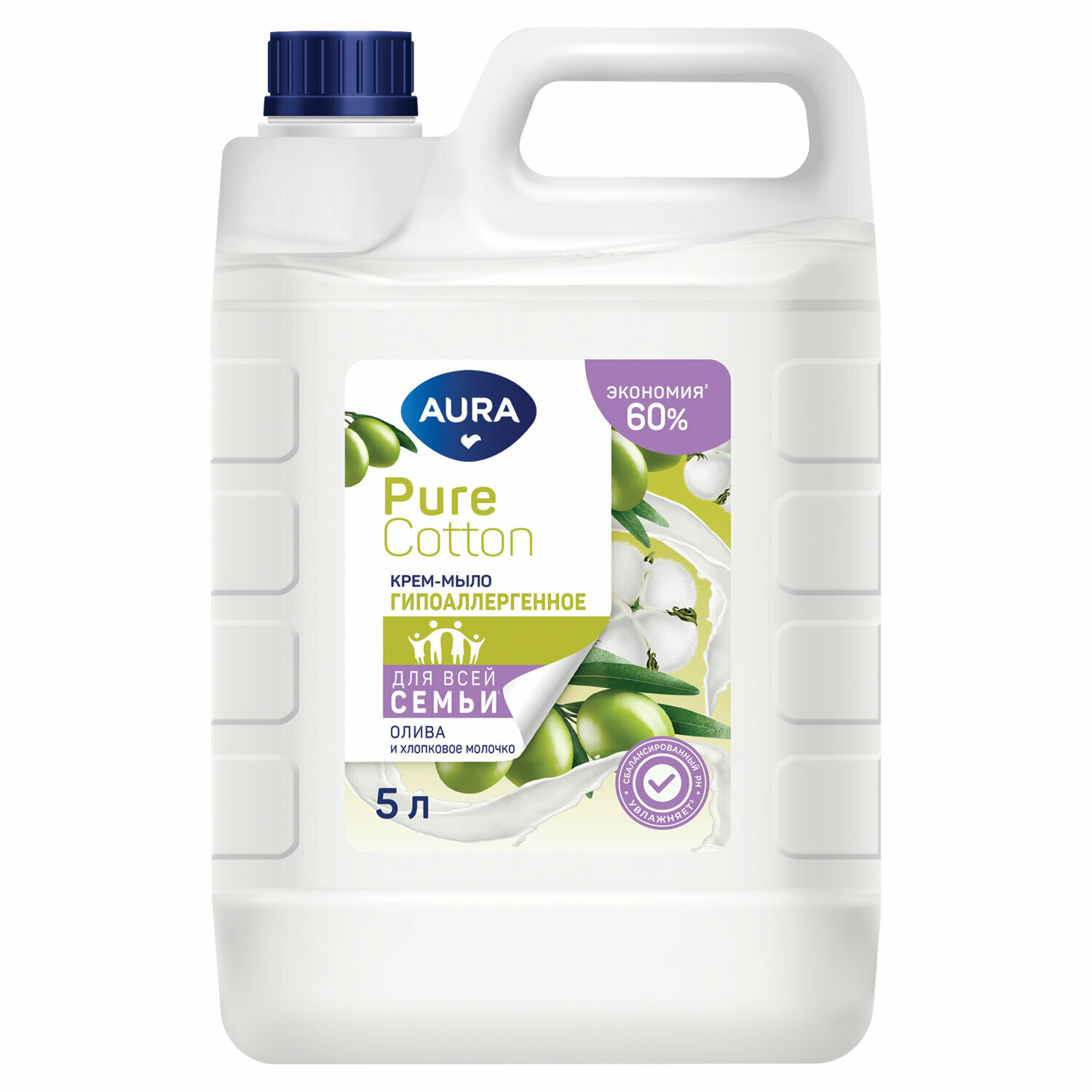 Крем-мыло AURA Pure Cotton Олива и хлопковое молочко, гипоаллергенное, объем 5 л 14028