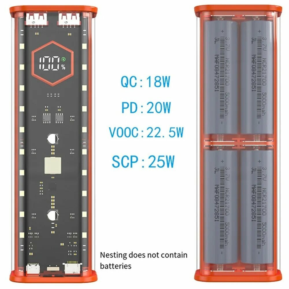 21700 Ящик для хранения аккумуляторов 4 слота DIY Power Bank для зарядного устройства Двойной выход USB TypeC Вход Оранжевый
