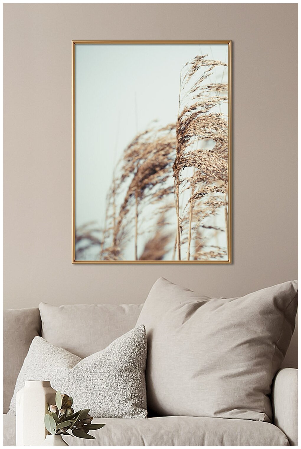 Постер на стену для интерьера Postermarkt Сухие колосья №1, в золотой рамке 50х70 см