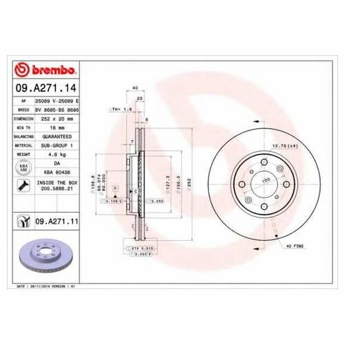 Тормозной диск передний Brembo 09A27114 для Opel Agila; Suzuki Splash, Swift III