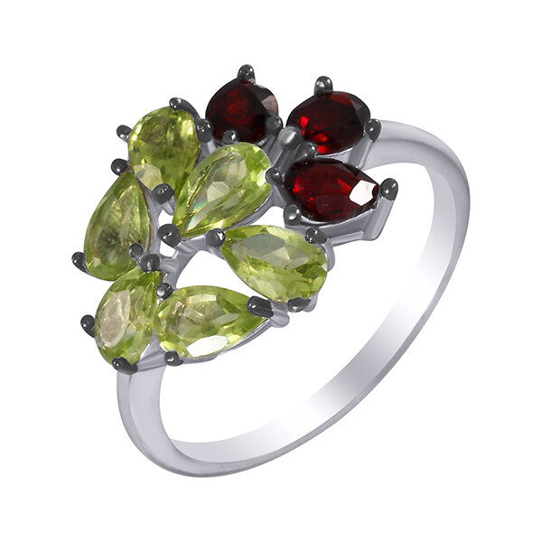Кольцо, серебро, 925 проба, перидот, гранат