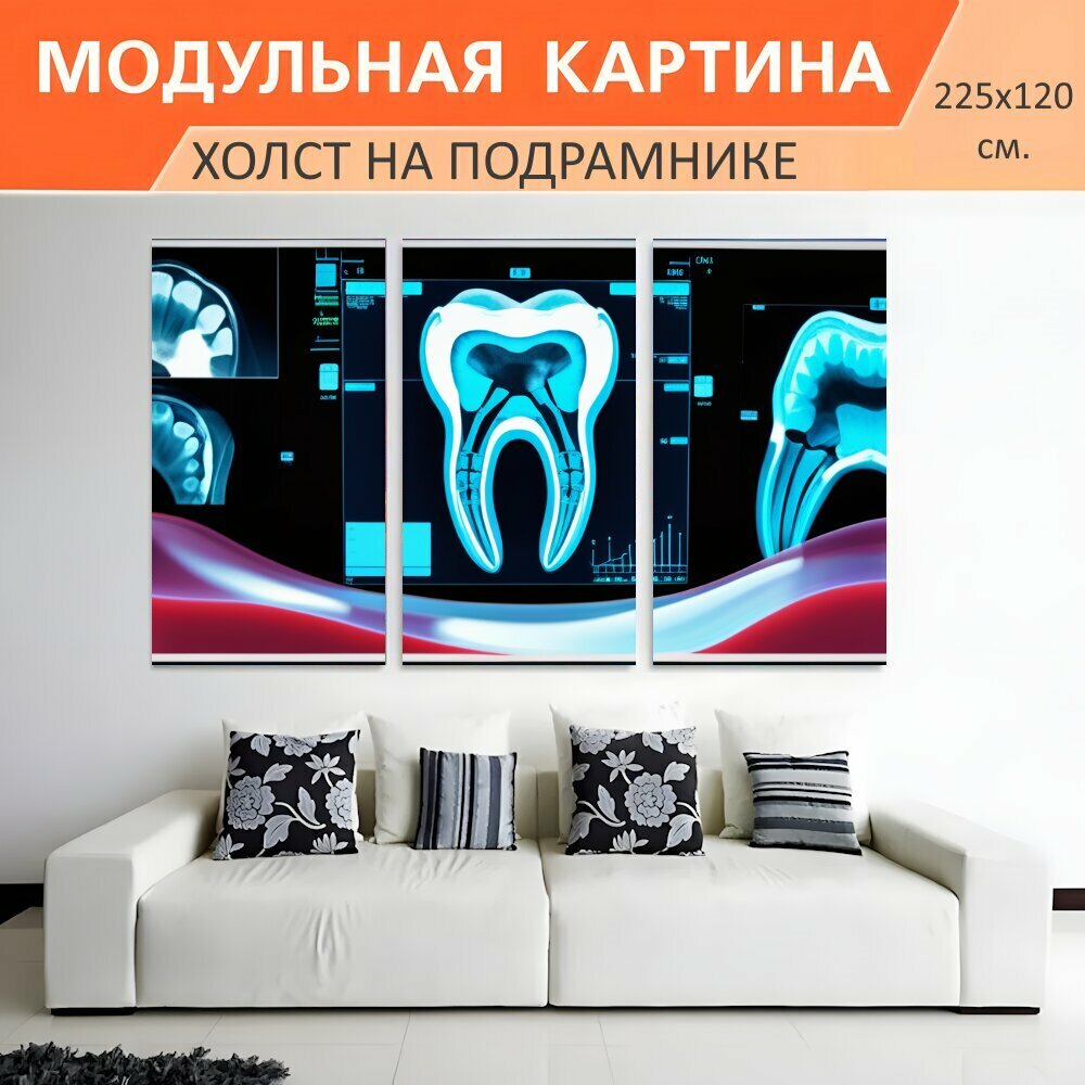 Модульная картина на холсте "Клинические исследования рентгена в стоматологии" триптих на подрамнике 225х120 см. для интерьера