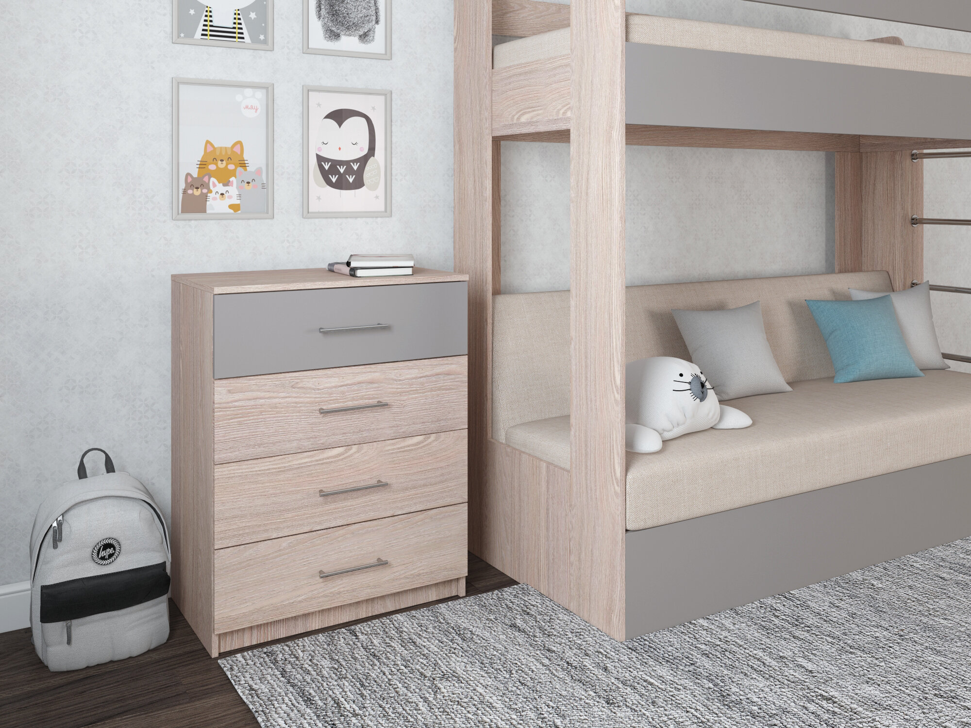 Комод с ящиками в детскую, в спальню, Есэндвич квадро Лаворо, 70x43х89 см (Анкор светлый/Вулканический серый)