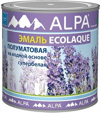 Экоэмаль без Запаза Alpa Ecolaque 0.5л Полуматовая, Супербелая, Экологичная для Внутренних и Наружных Работ / Альпа.