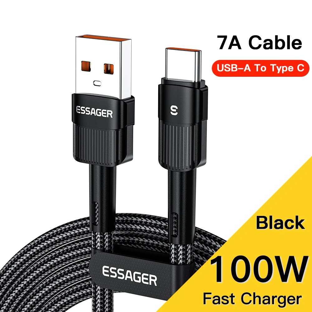 Essager 7A USB-кабель типа C, провод для Realme Oneplus OPPO 100 Вт, быстрая зарядка, USB-кабель типа C для Huawei P30 P40 Pro Samsung 0.5m, Black 7A 100W A To C