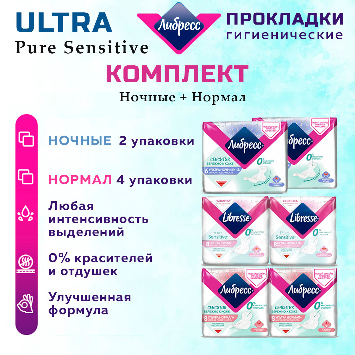 Прокладки гигиенические LIBRESSE Ultra Pure Sensitive набор ночные 6 шт х 2 уп, нормал 8 шт х 4 уп