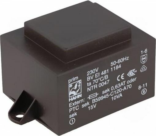 Трансформатор HAHN BV EI 481 1184 залитый 10ВА 230ВAC 15В 667мА Монтаж PC 300г 1 шт