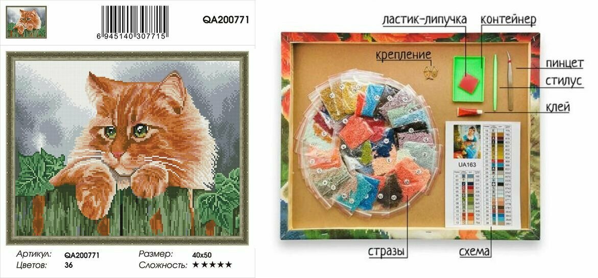 Алмазная Живопись Рыжий кот (40*50см, стразы круглые, контейнер, основа-холст с подрамником) QA200771, (YIWU XINSHIXIAN ARTS AND CRAFTS CO, LTD)