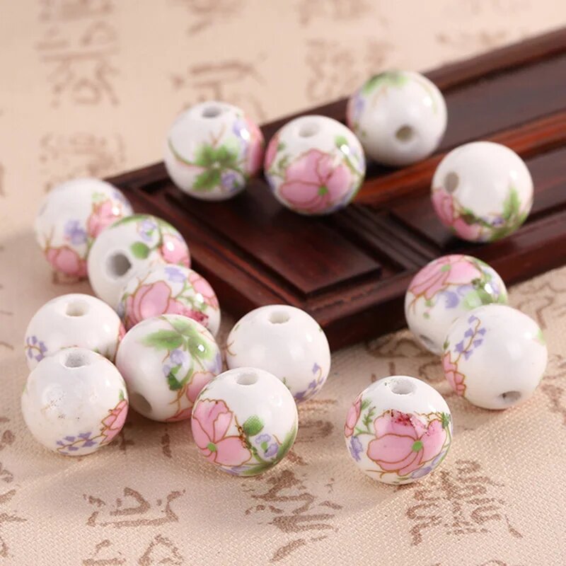 Керамические бусины Siancolary 10 шт, цветочный узор, 6-12 мм Белый, 12mm, 14 Pink