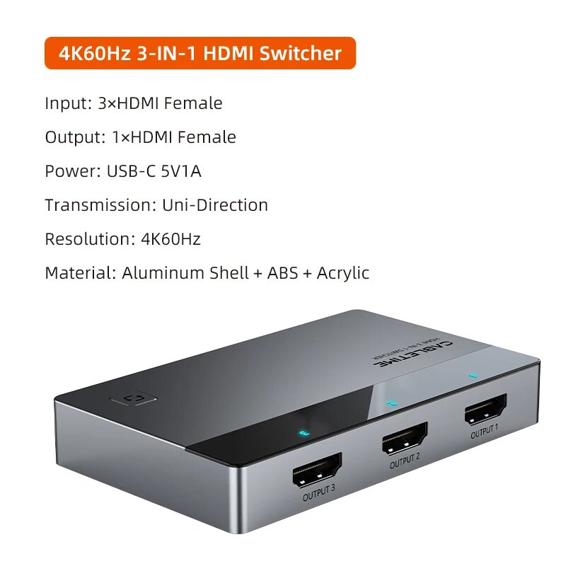 HDMI-переключатель CABLETIME 3 в 1 4K 60 Гц 4K 3in1