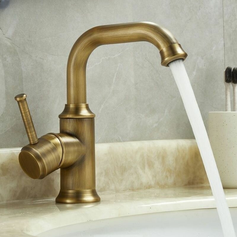 Медный смеситель для кухни и раковины в античном ретро-стиле с высоким вращающимся изливом