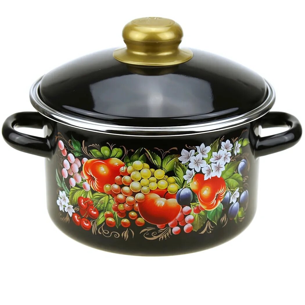 Кастрюля эмалированная 3л «Жостово», черная, с золотистой ручкой, для удобства