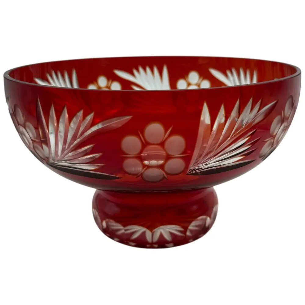 Фруктовница "Цветок", 20 см, хрусталь (красный), алмазная грань,1960-1970 г, Дятьковский ХЗ, СССР