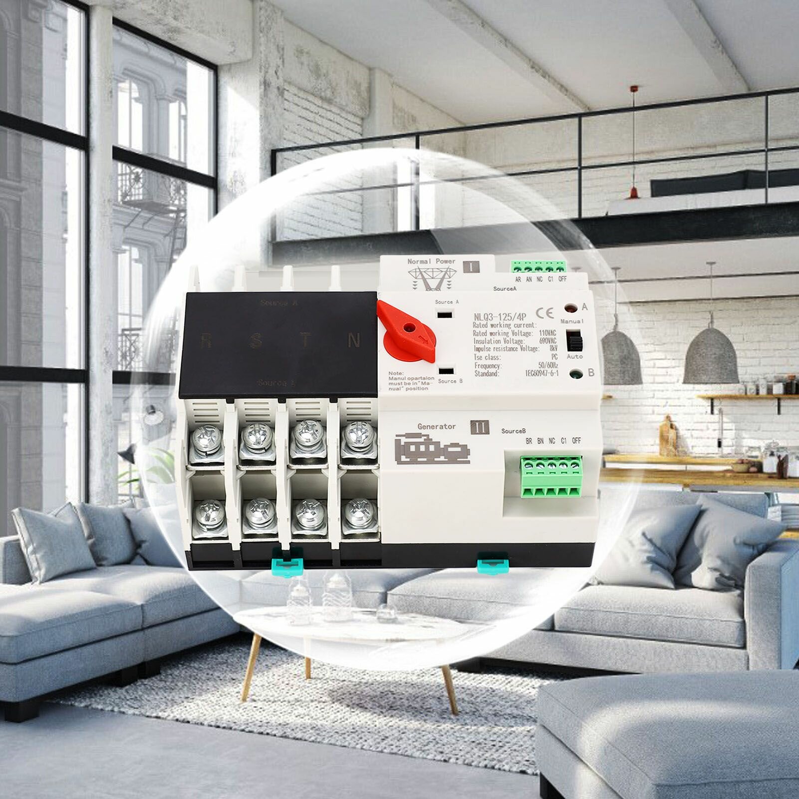 Автоматический переключатель источника питания ATS, 80A, 110V AC, 2P, для сети и генератора