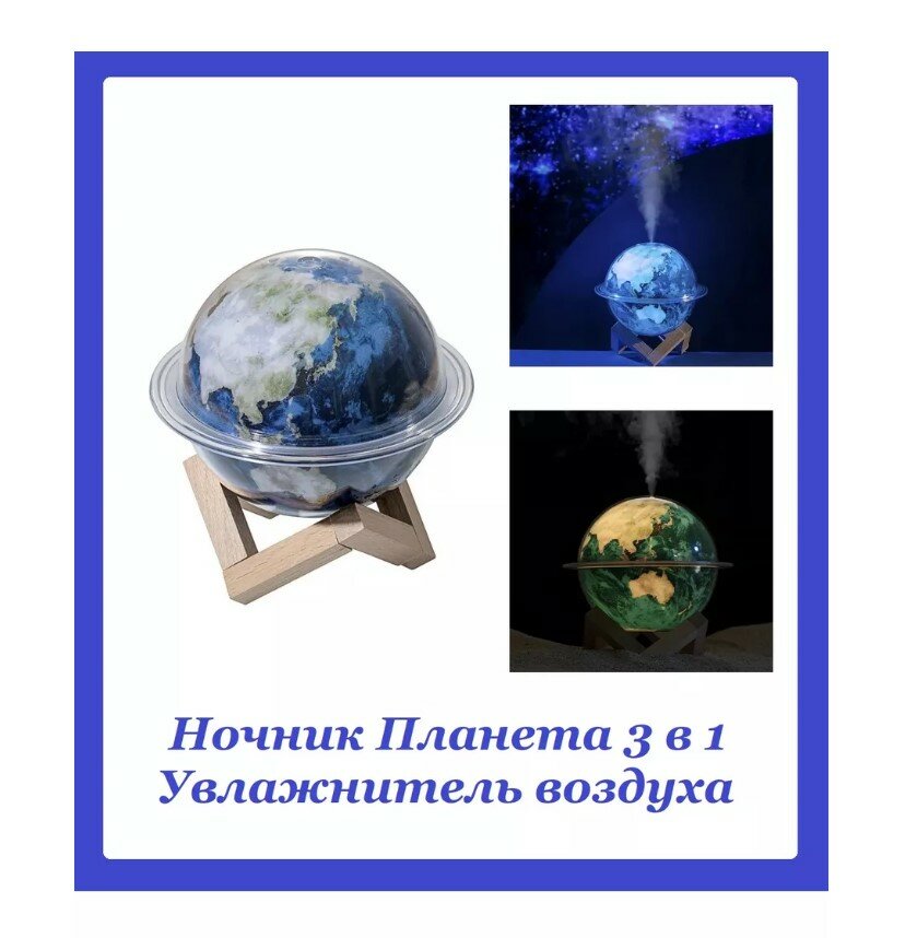 Увлажнитель воздуха 3D ночник Планета Земля 3 в 1 / Аромадиффузор на деревянной подставке