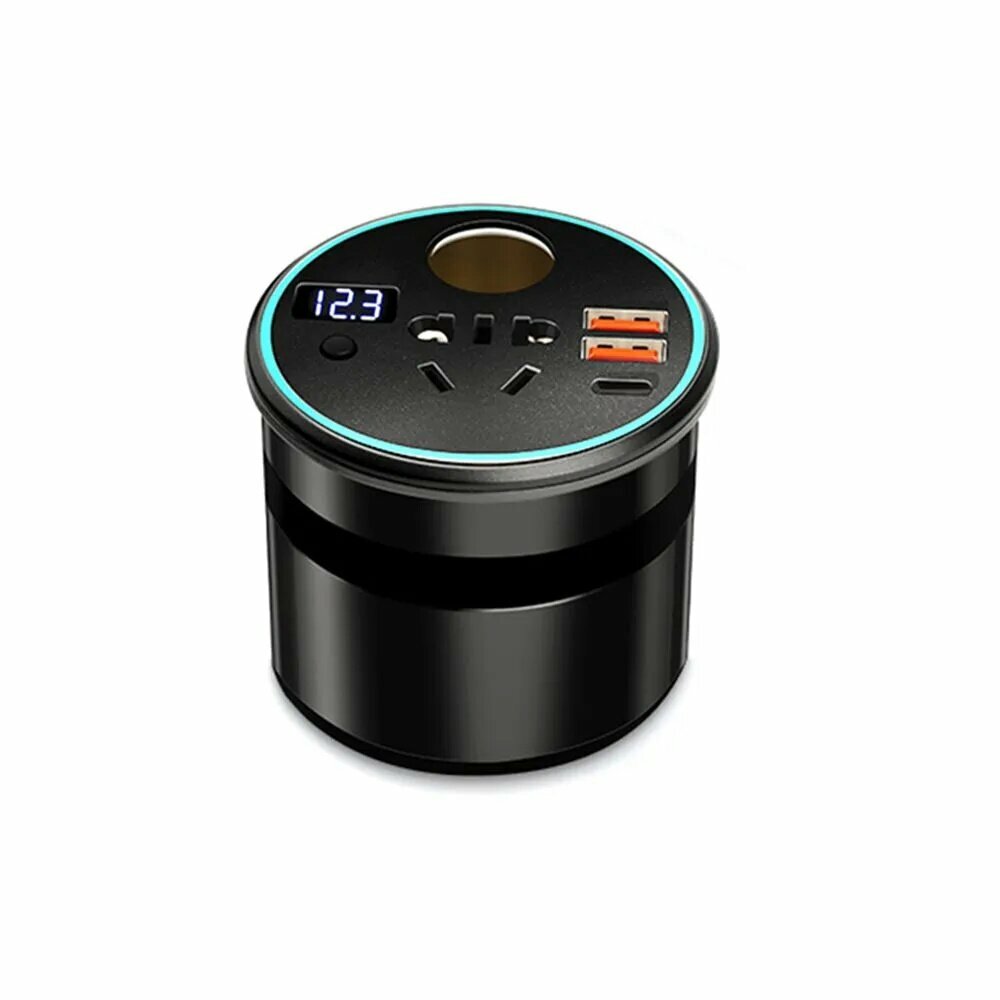 150W Автомобильный инвертор питания с быстрой зарядкой QC3.0, преобразователь 12V до 220V, адаптер с 5-в-1 дизайном держателя для стакана, черный/красный, размер продукта 8*7см, габариты упаковки