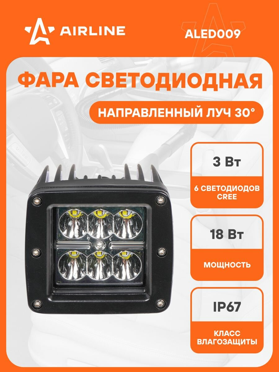 Фара 2 шт светодиодная, 18Вт, 12/24В, 6 диодов, направленный свет (дальний), 82х75х75мм, AIRLINE ALED009