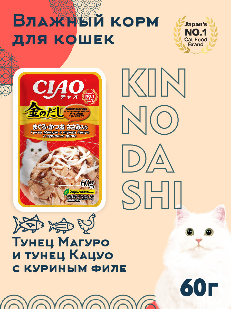 Влажный корм для кошек INABA, CIAO Kinnodashi, тунцы Магуро и Кацуо, куриное филе, 60 гр