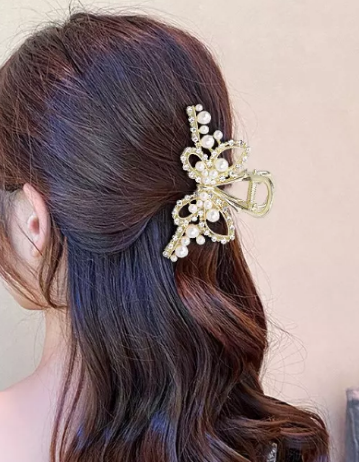 Крабик для волос бабочка, заколка с жемчугом и кристаллами, золотистая, металлическая