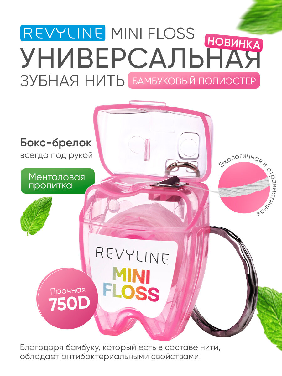 Зубная нить Revyline Mini Floss, вощеная, мятная с бамбуком, 15 м, дорожный брелок, розовый