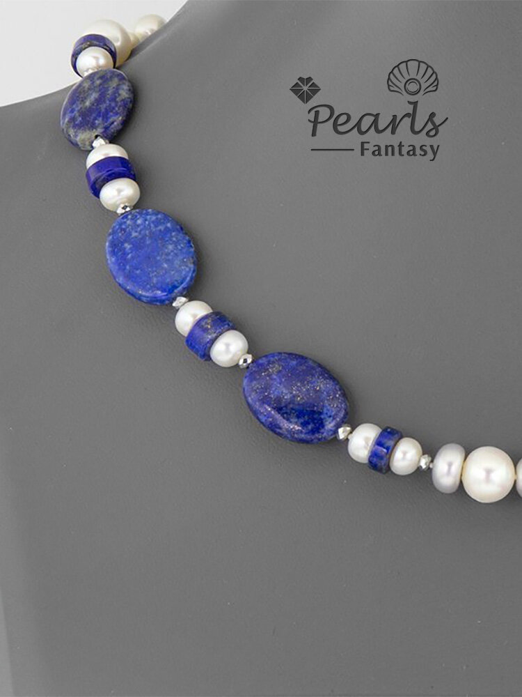 Бусы, жемчуг культивированный, лазурит