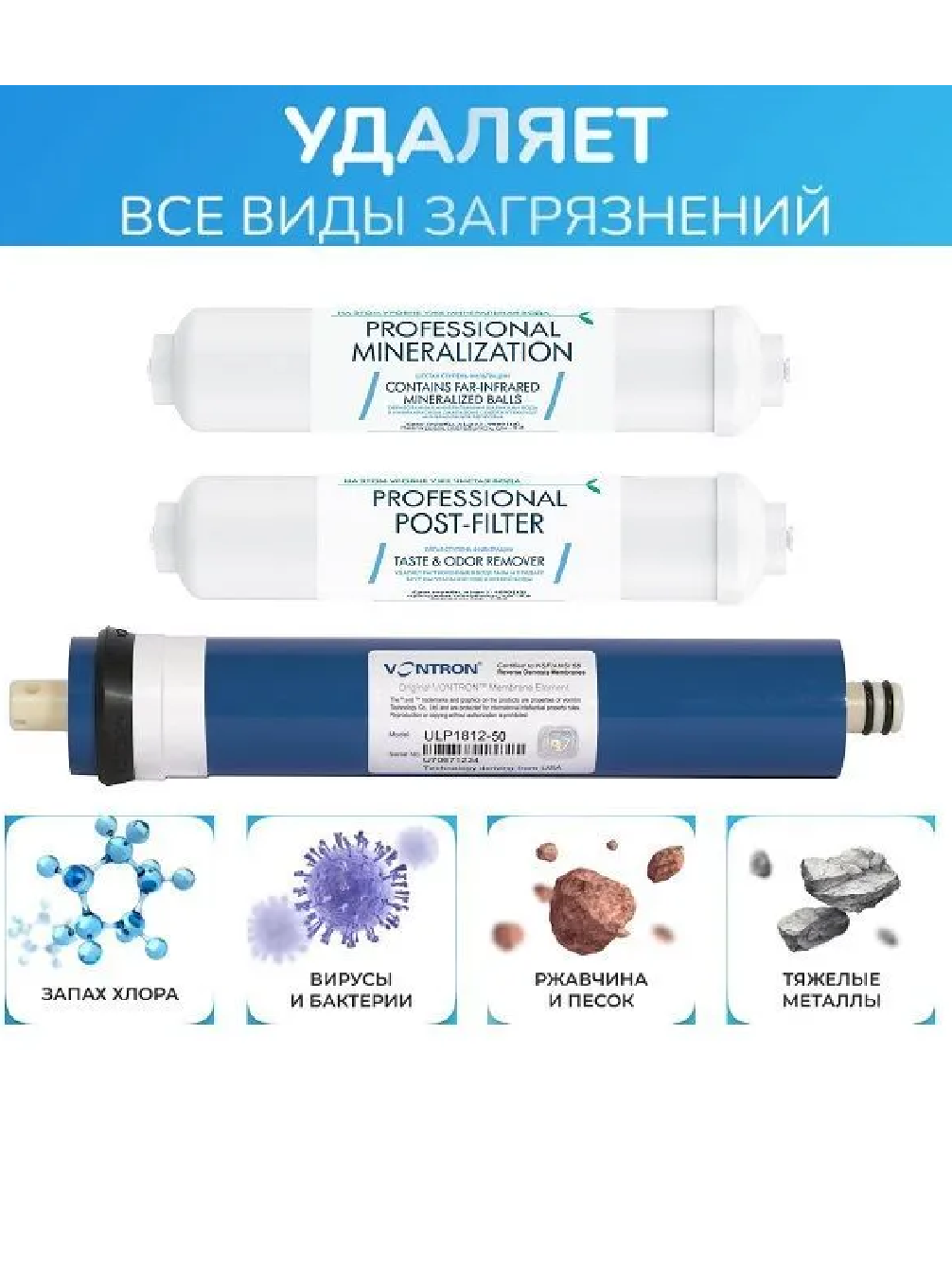 Мембрана Vontron ULP-1812-50 с постфильтром и минерализатором, подходит для Гейзер Аллегро М, Гейзер Аллегро ПМ