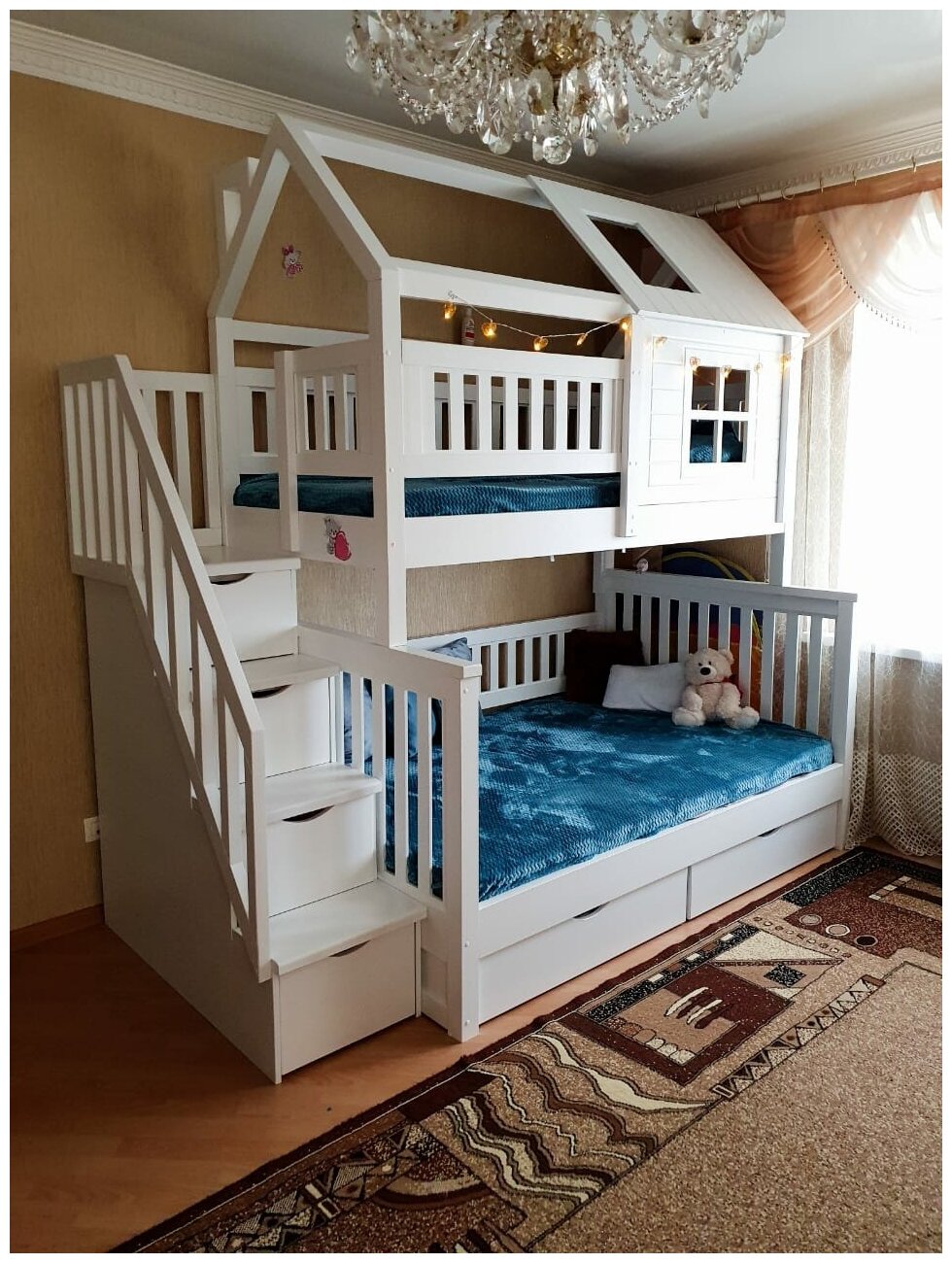 Двухъярусная Кровать "Лейла Домик", массив сосны, 90х120х190, цвет беленый дуб.