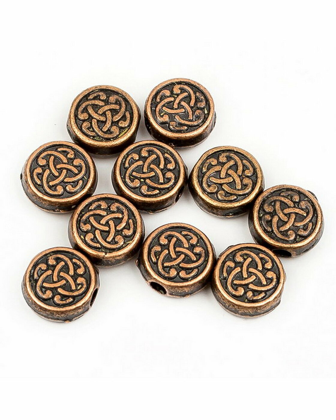 Плоские круглые бусины с орнаментом в кельтском стиле, размер: 7х3 мм, материал: сплав олова с покрытием "старинная медь", 10 шт.