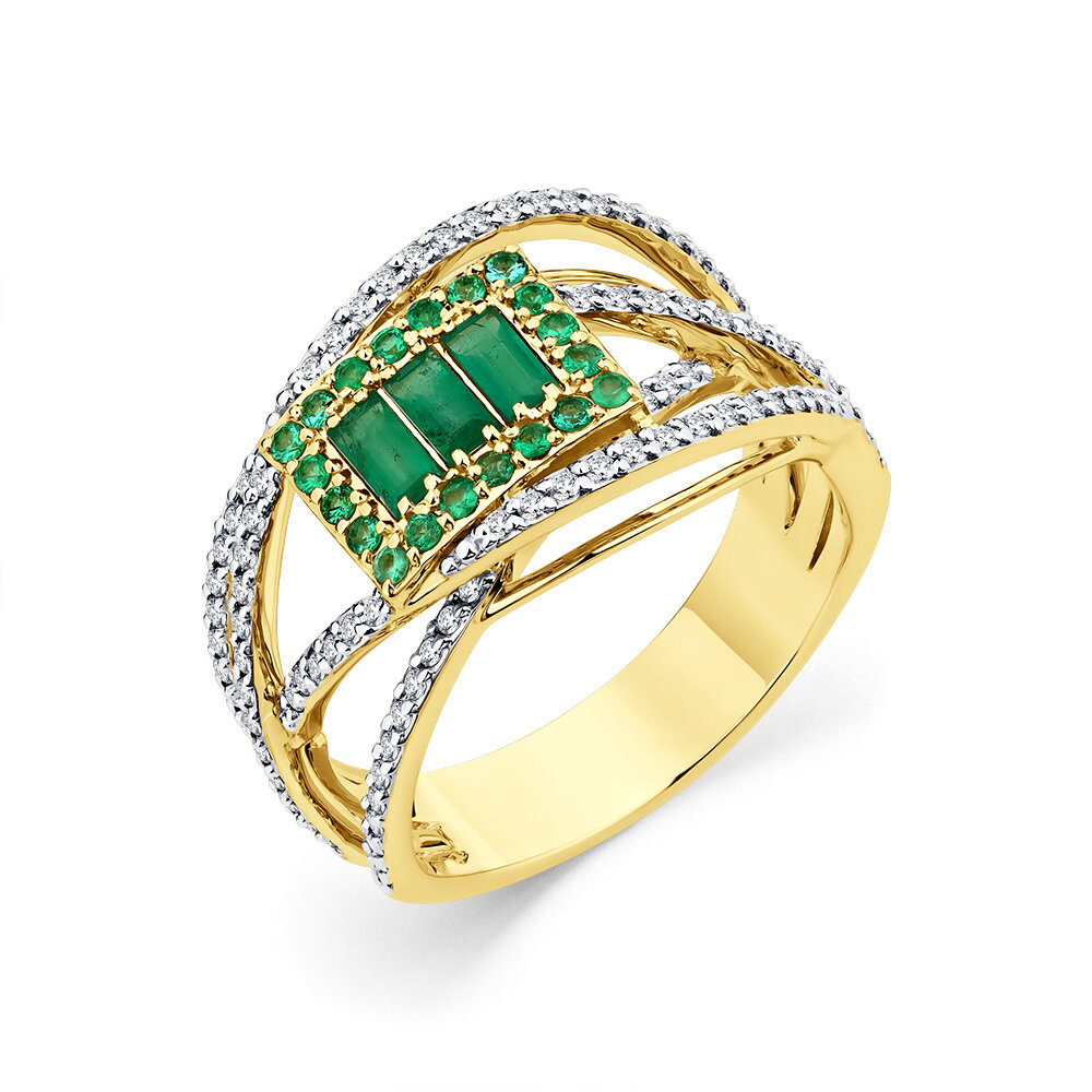 Кольцо, желтое золото, 585 проба, изумруд, бриллиант