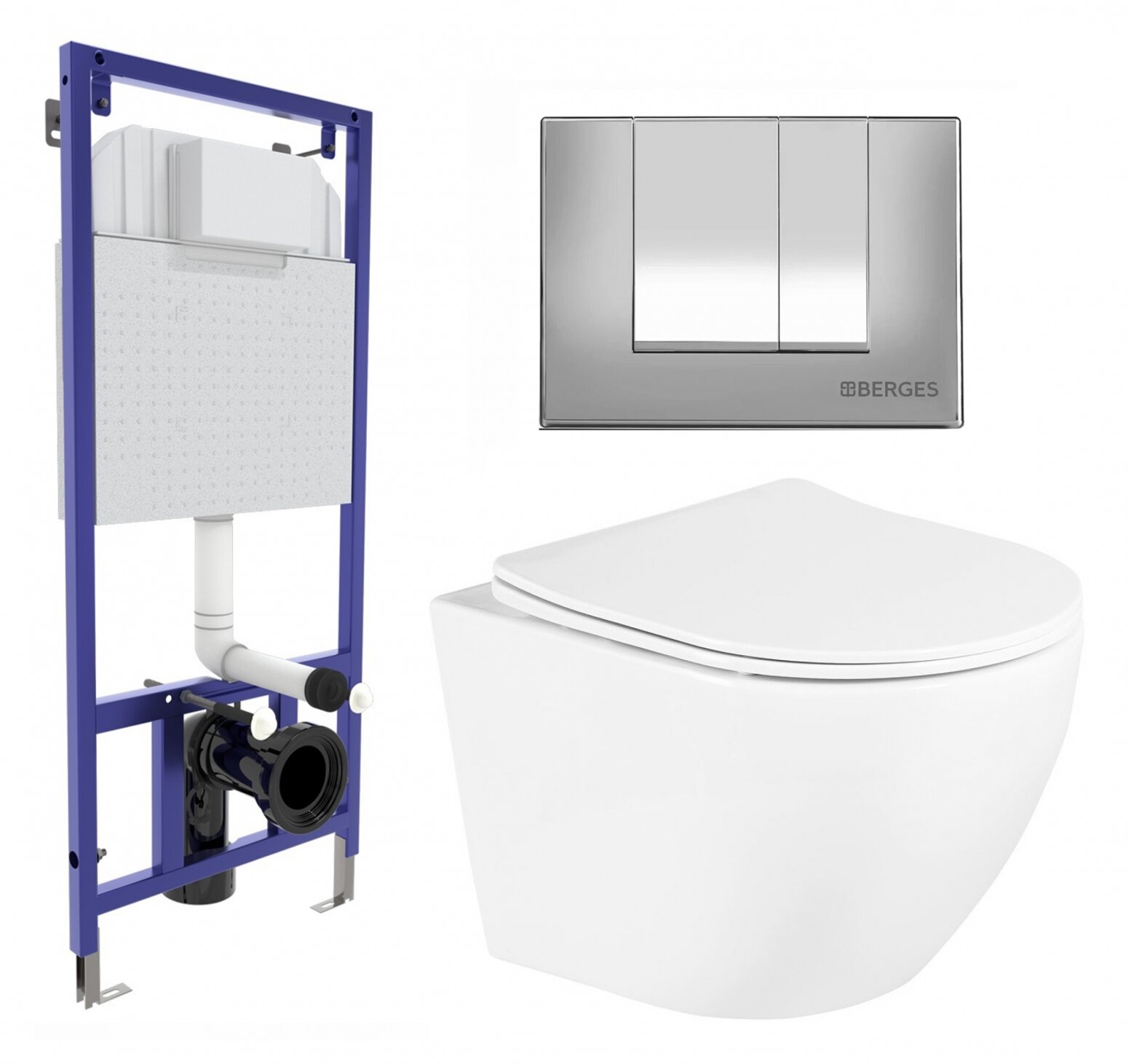 Комплект 3 в 1 инсталляция Berges Wasserhaus Novum 040242 + Унитаз подвесной BelBagno Uno BB3105CHR/SC + кнопка хром матовая