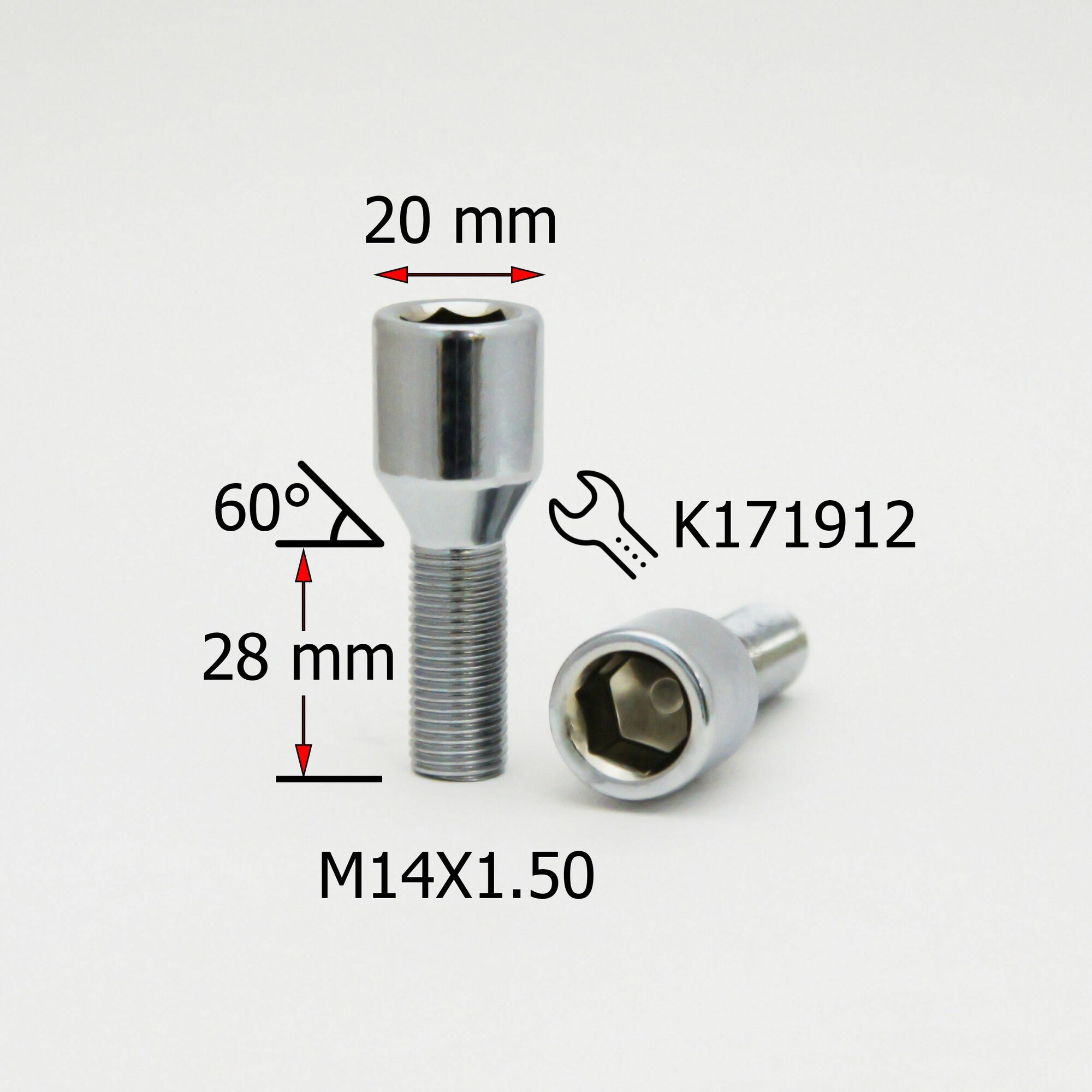 Болт колесный M14x1,5 длина резьбовой части 28мм, диаметр 20мм, Хром, ключ шестигранник 12мм(К171912), 20 штук