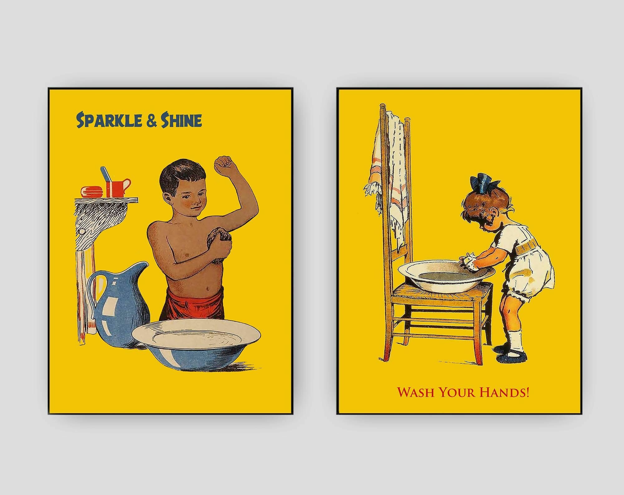 Набор ретро плакатов для ванной - Мойте Руки (2шт, А3, без рамы)