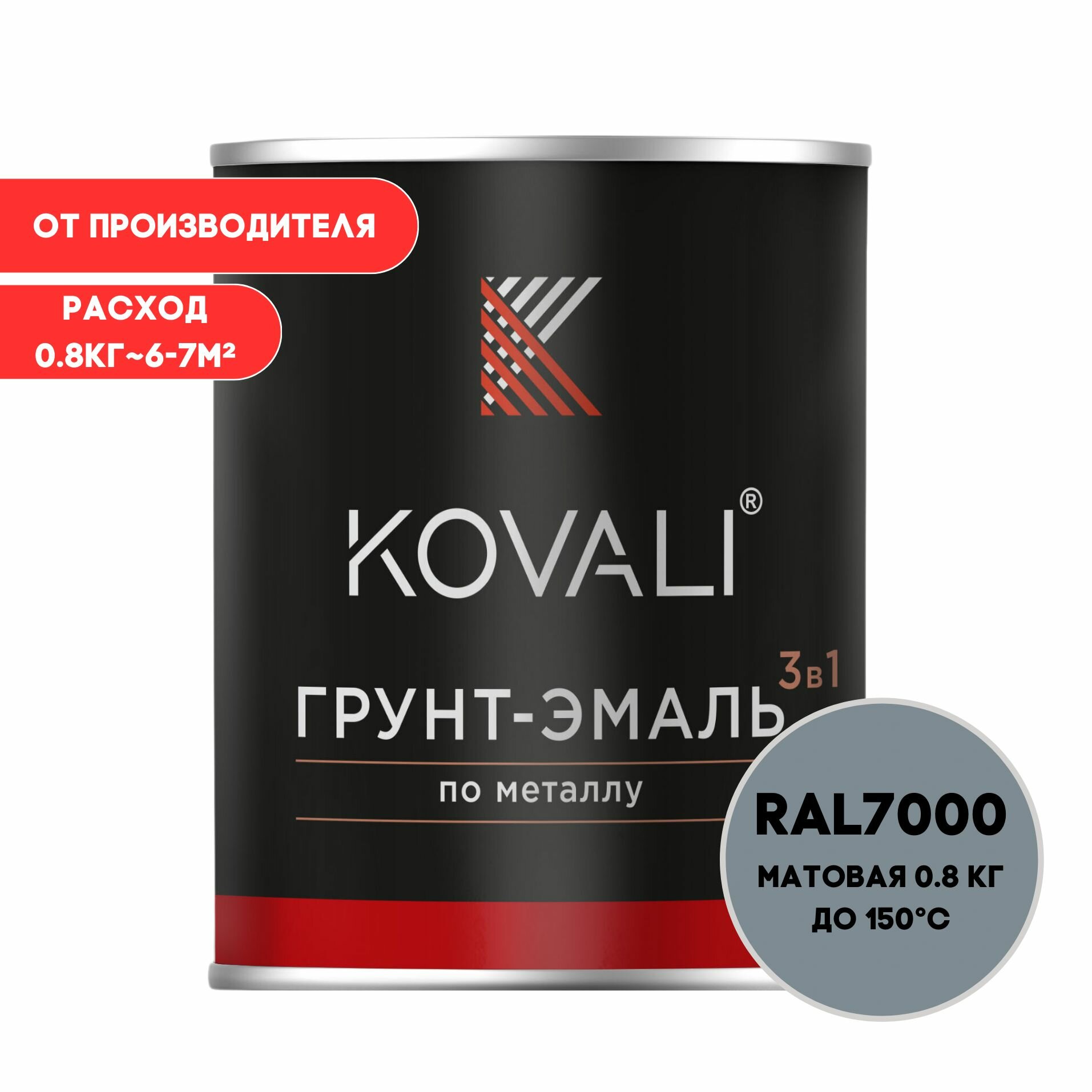 Грунт-эмаль 3 в 1 KOVALI матовая Серая белка RAL 7000 0,8кг краска по металлу, по ржавчине, быстросохнущая , краска Ковали
