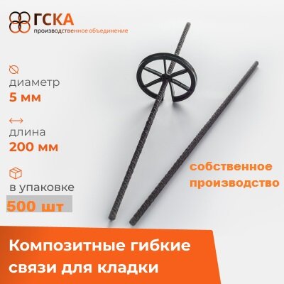 Композитные гибкие связи ГСКА® для кладки и облицовочного кирпича с песчаным напылением, d-5 mm, L-200 mm, 500 шт.