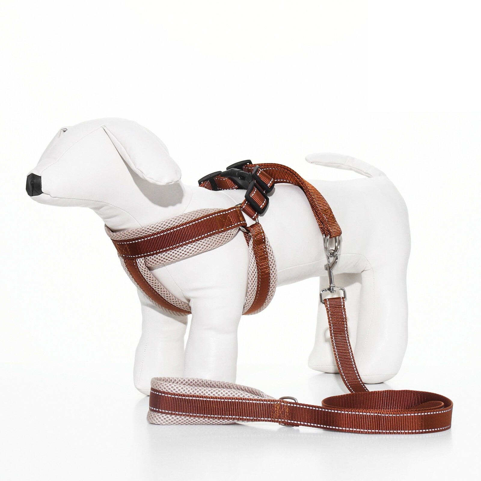 Пижон Комплект амуниции светоотражающий с мягкими шлейкой и ручкой, поводок 120 х 2 см, ОШ 46-69 см, корич