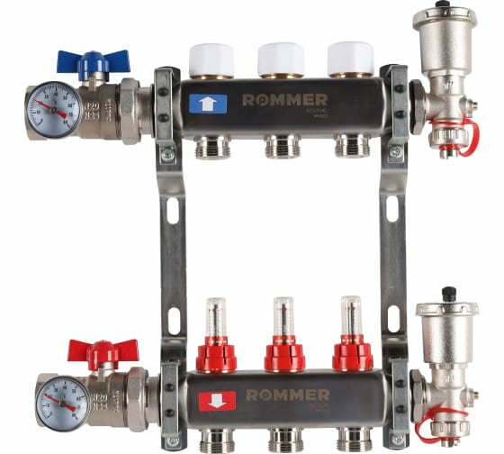 Коллектор из нержавеющей стали в сборе с расходомерами ROMMER 3 выхода RMS-1210-000003
