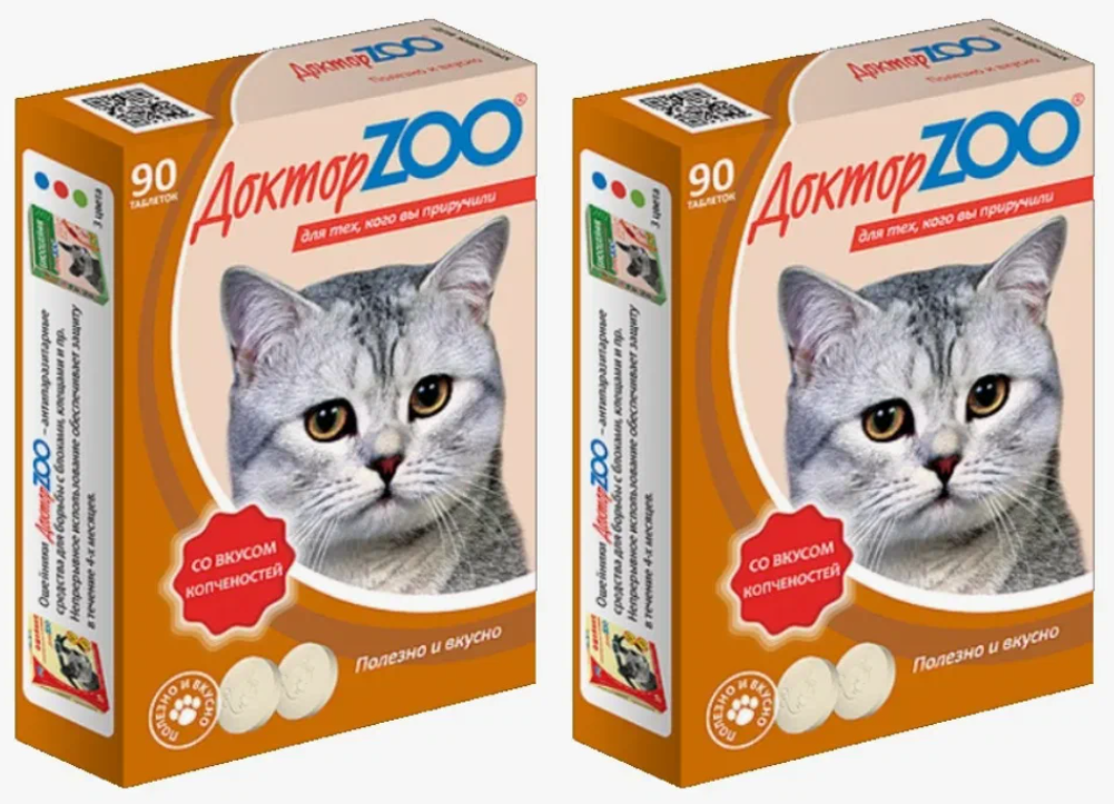 Мультивитаминное лакомство для кошек Доктор ZOO со вкусом копченостей, 90 шт, 2 уп