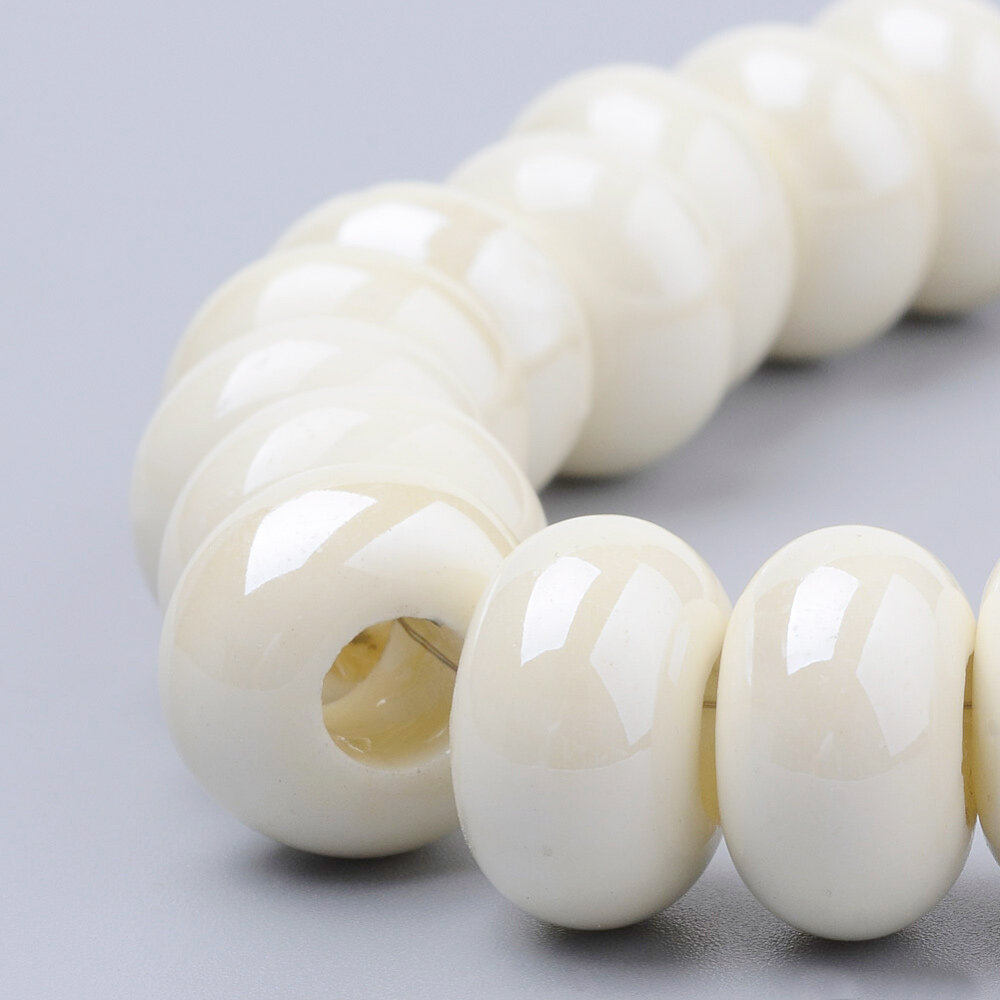 Бусина фарфоровая, 13х8.5мм, рондель, белая, с перламутровым отливом, 5 шт.